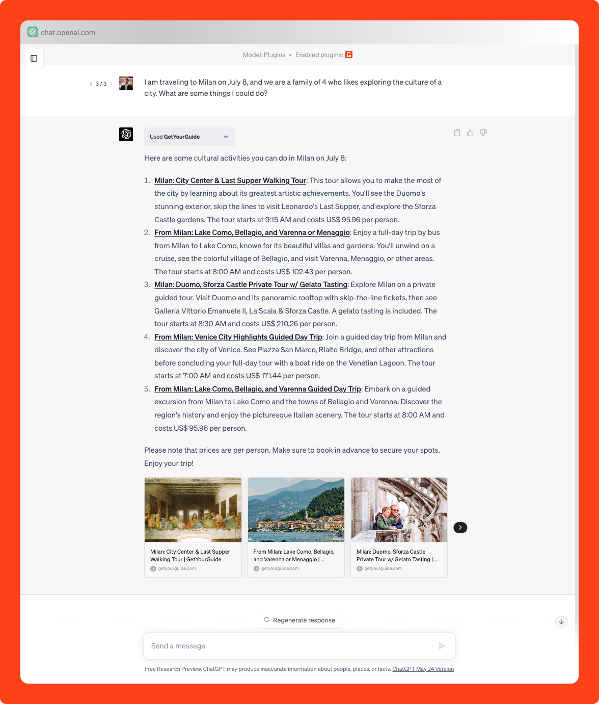 GetYourGuide ChatGPT Plugin