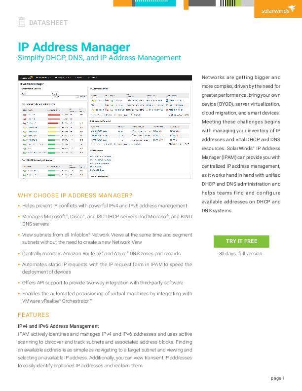 Ip Address Manager Datasheet Solarwinds