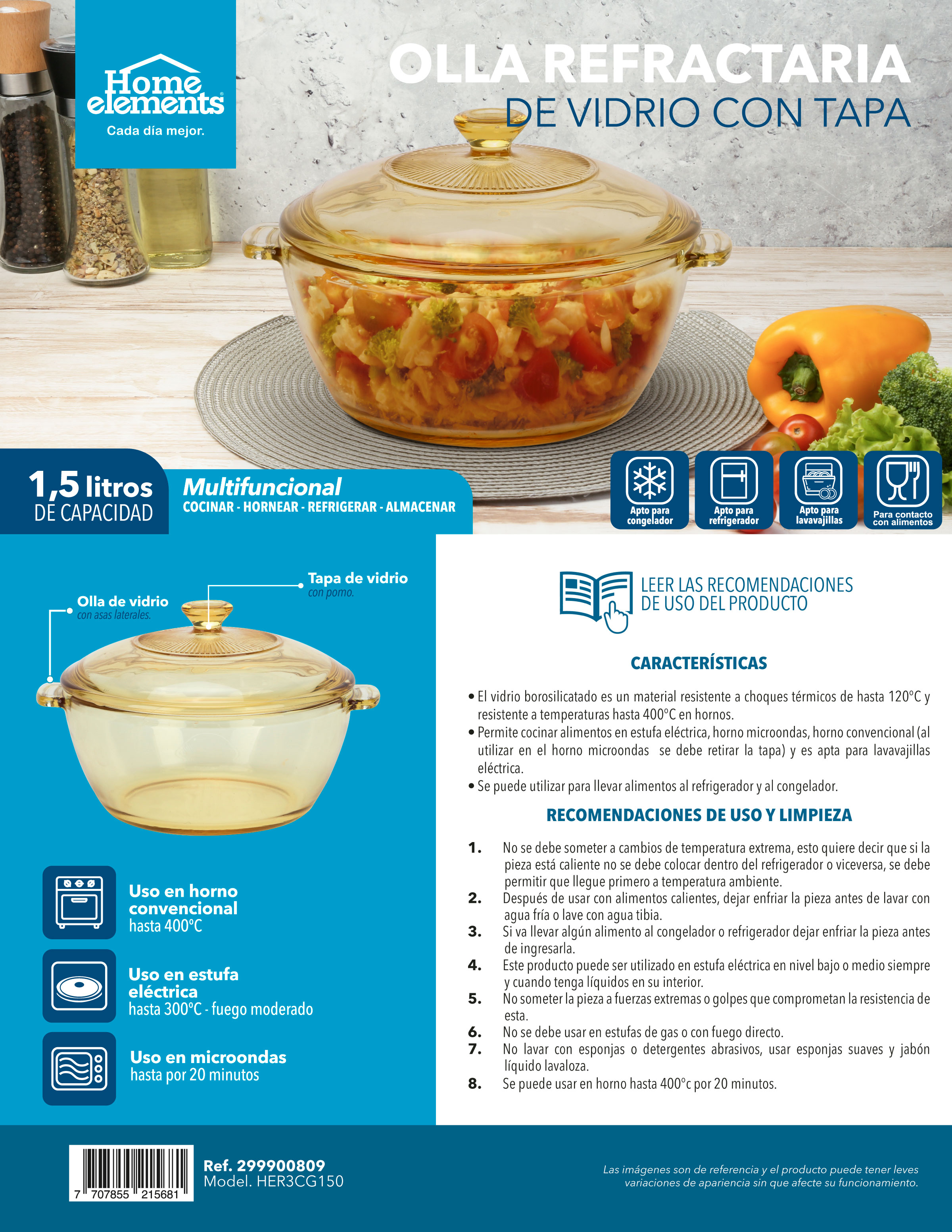 Olla 1.5 Litros Refractaria Vidrio con Tapa - Homecenter.com.co