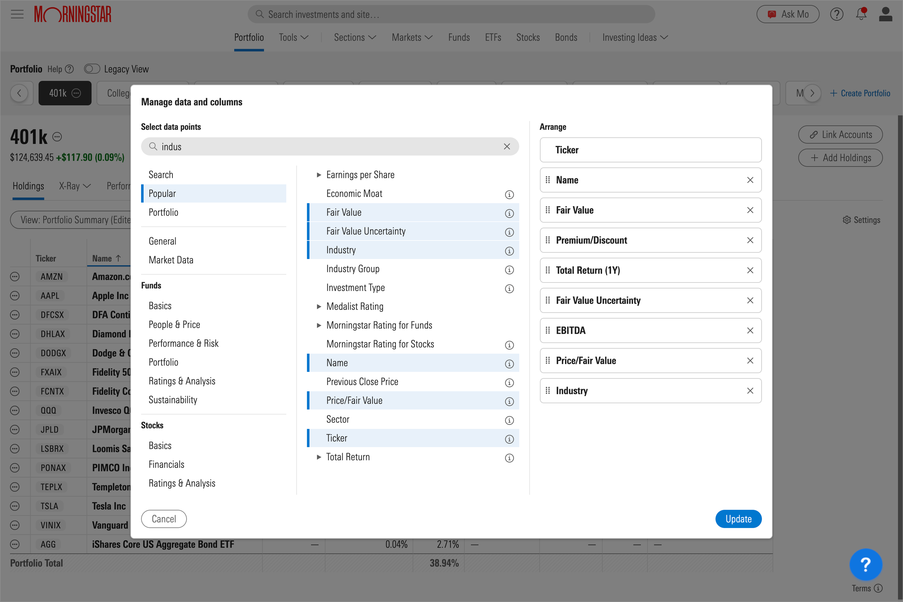 Editing data and columns in Portfolio | Help | Morningstar