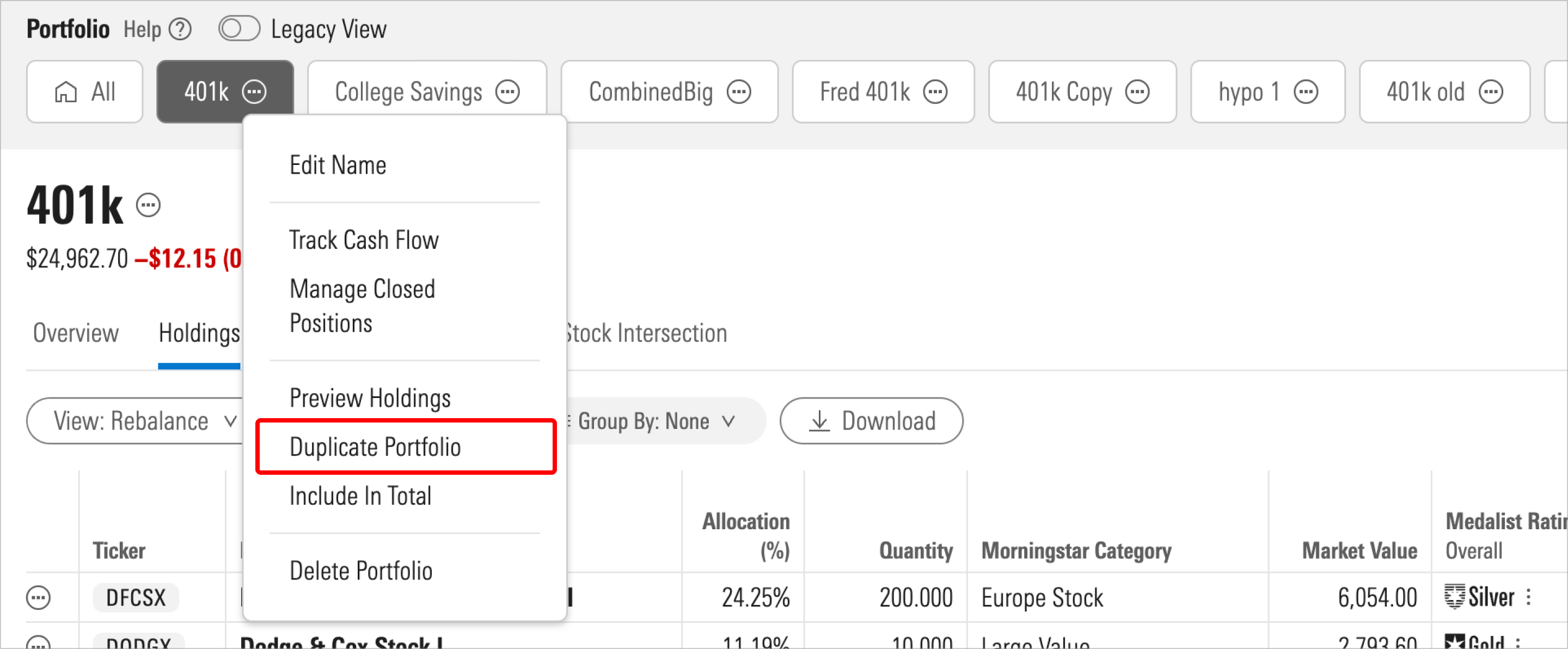 Rebalance a portfolio | Help | Morningstar