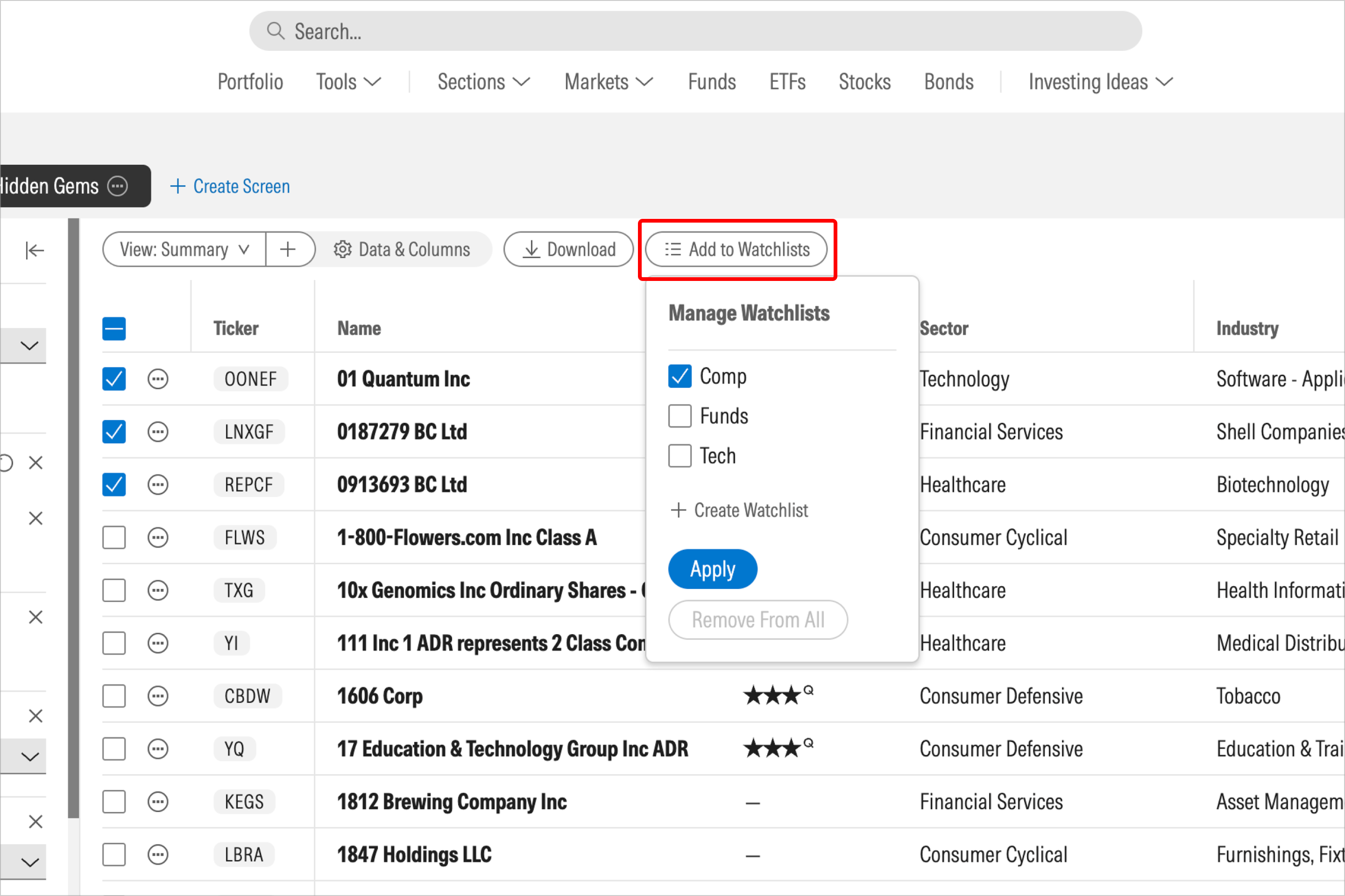 Add screened securities to watchlists | Help | Morningstar