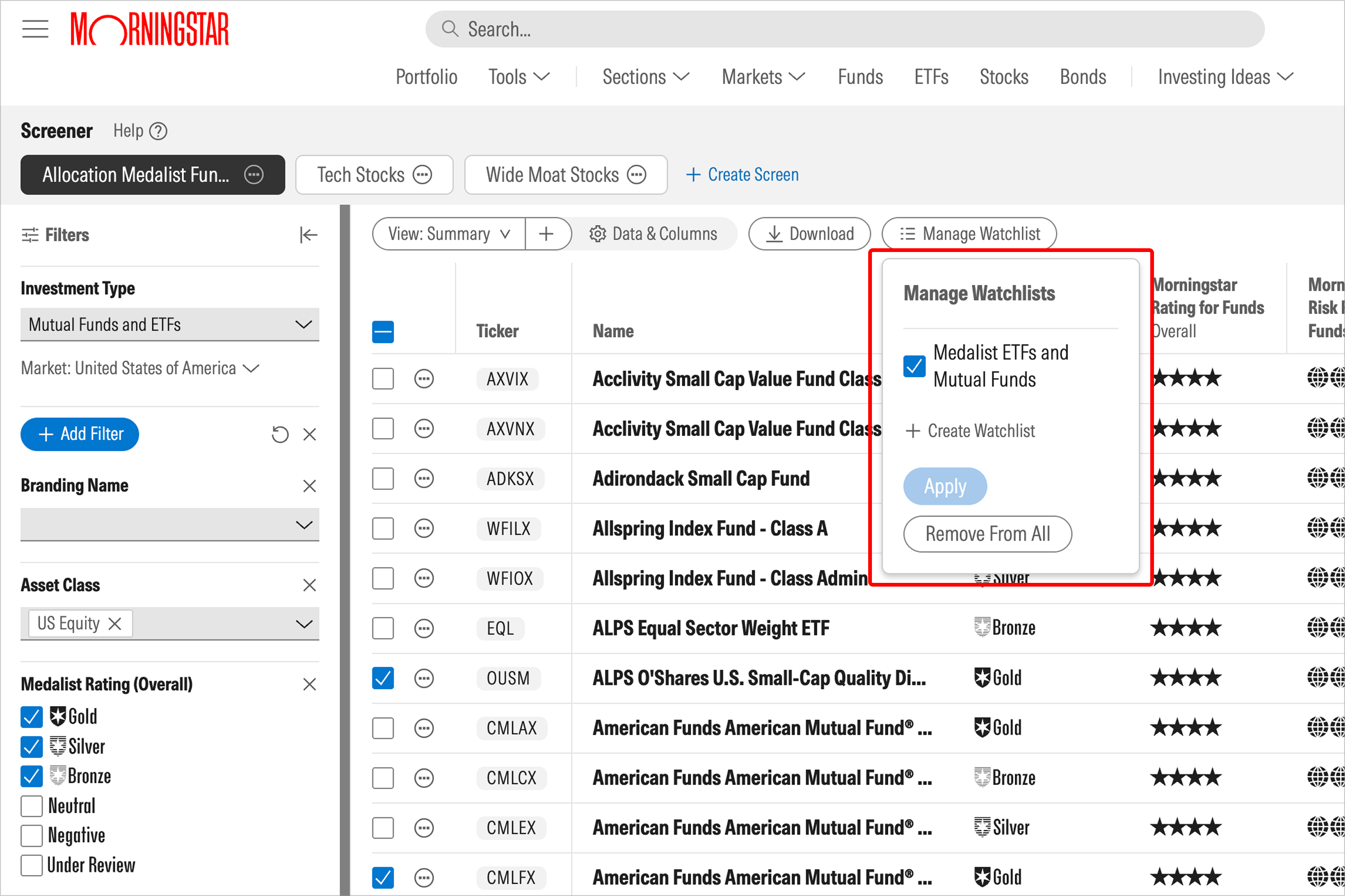 Create a screen | Help | Morningstar