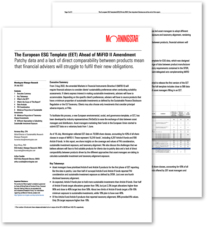 The European ESG Template EET Ahead Of MiFID II Amendment Morningstar The European ESG Template EET Ahead Of MiFID II Amendment Morningstar