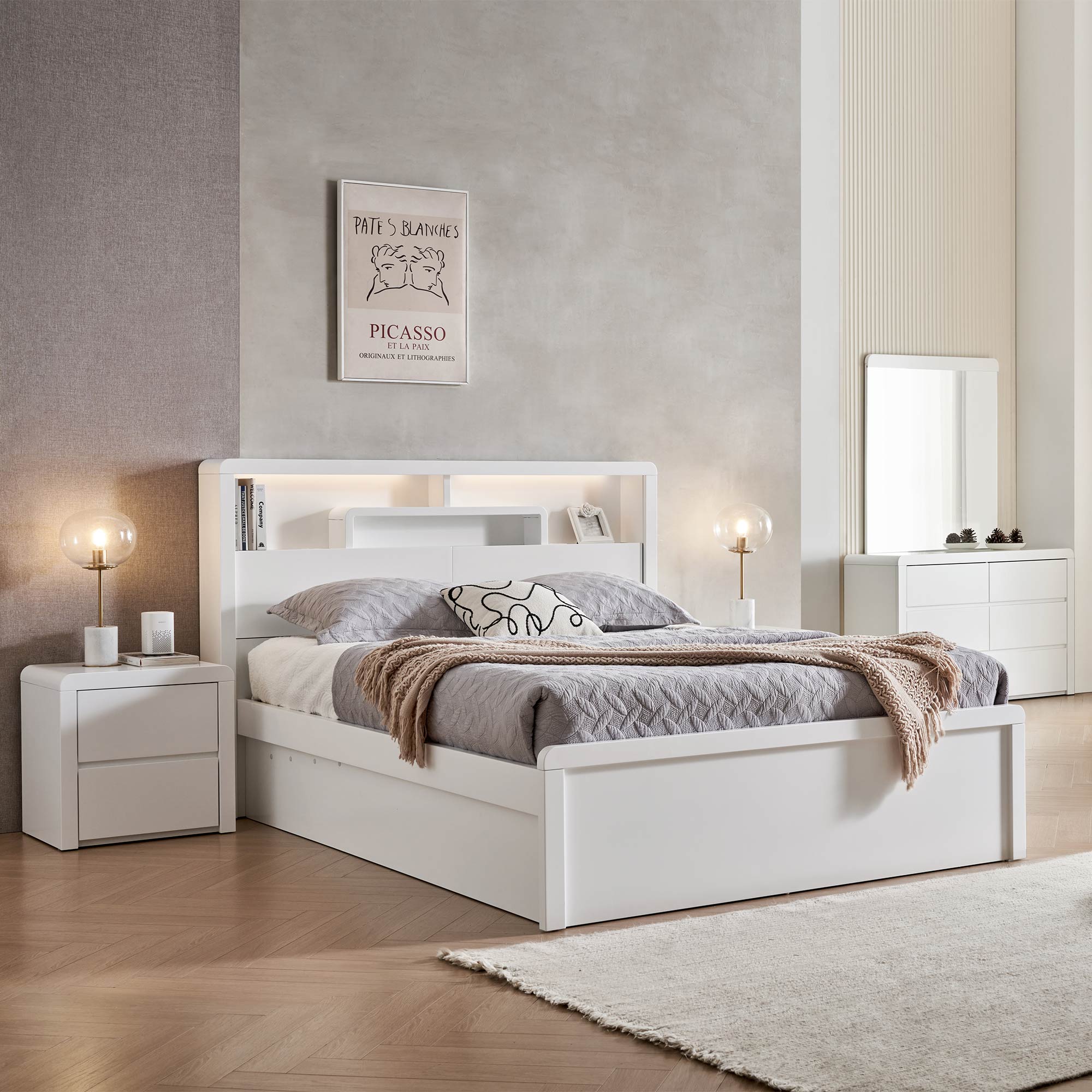 Aria Queen Bed Frame W/Gas Lift Storage, Ivory White - Forty Winks