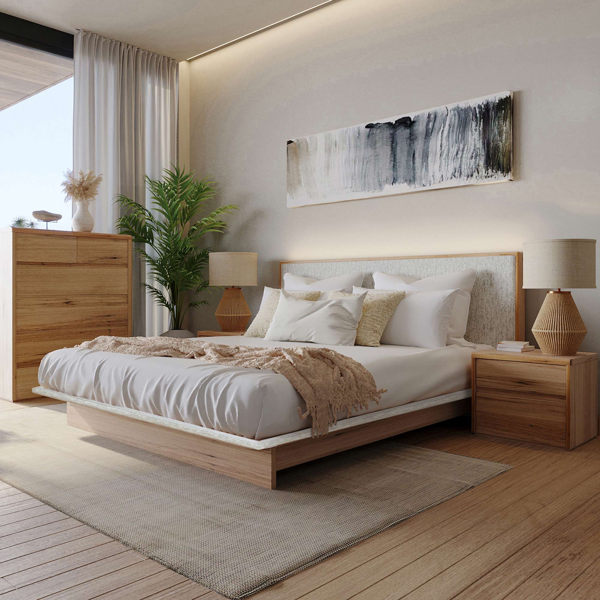 SOHO NARROW DB BED W/UPHOLSTERED BASE (LIGHT ASH, MONTAGUE ALABASTER ...