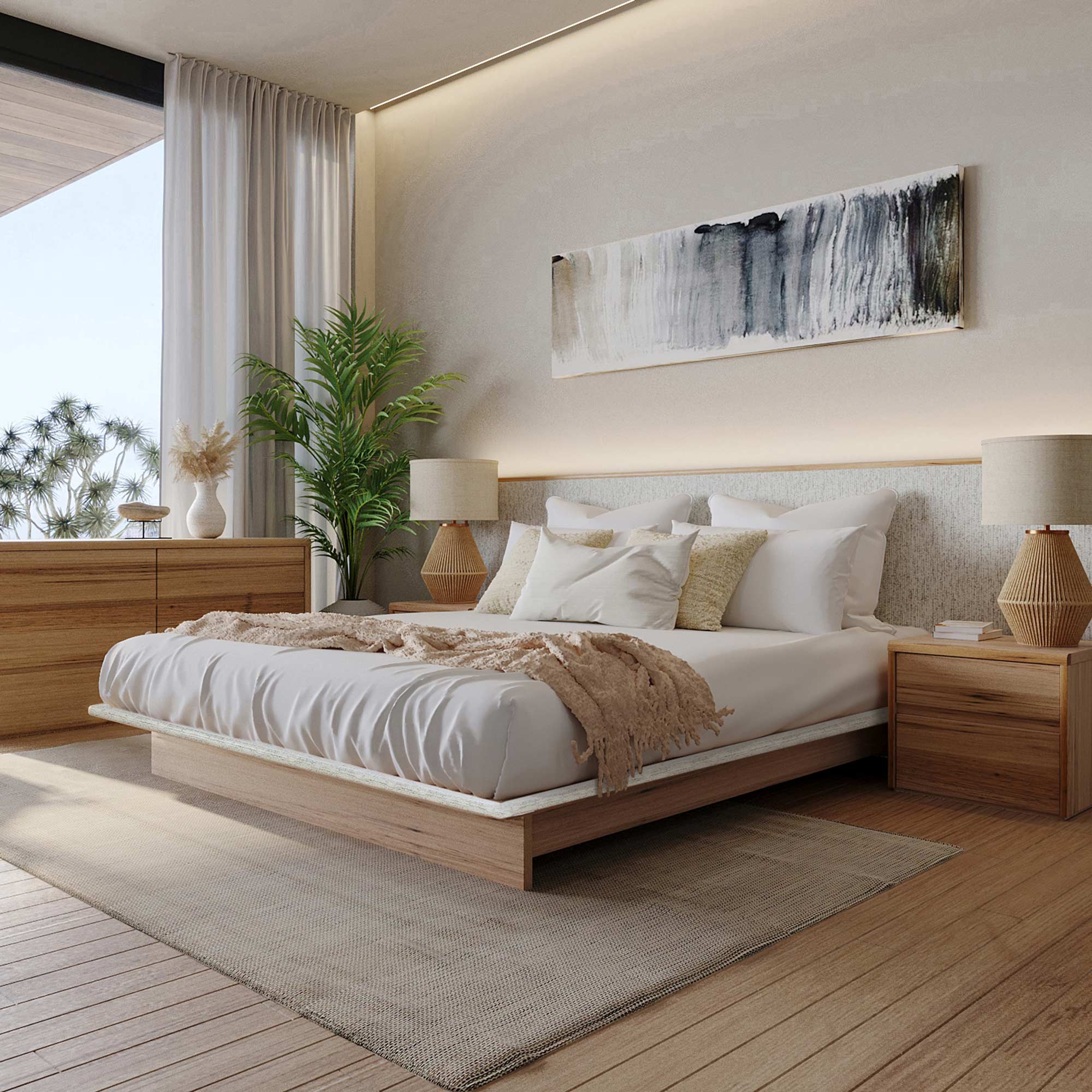 SOHO EXTENDED KB BED W/UPHOLSTERED BASE (LIGHT ASH, MONTAGUE ALABASTER) - Forty Winks