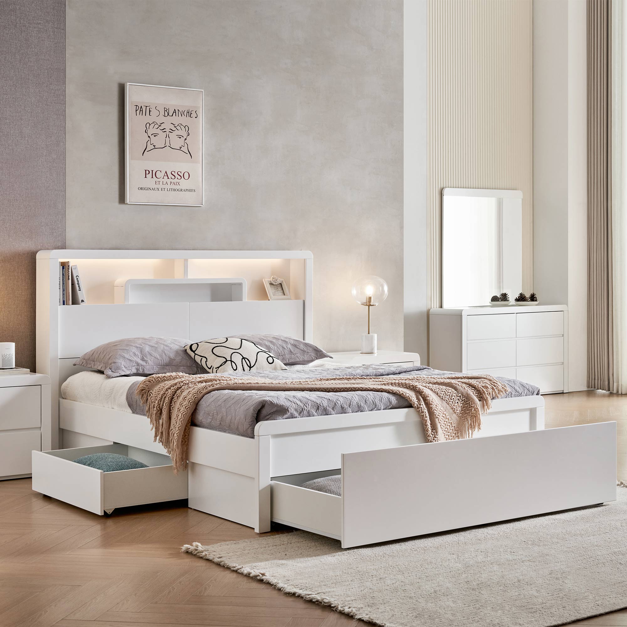 Aria Queen Bed Frame W/3 Drawers, Ivory White - Forty Winks