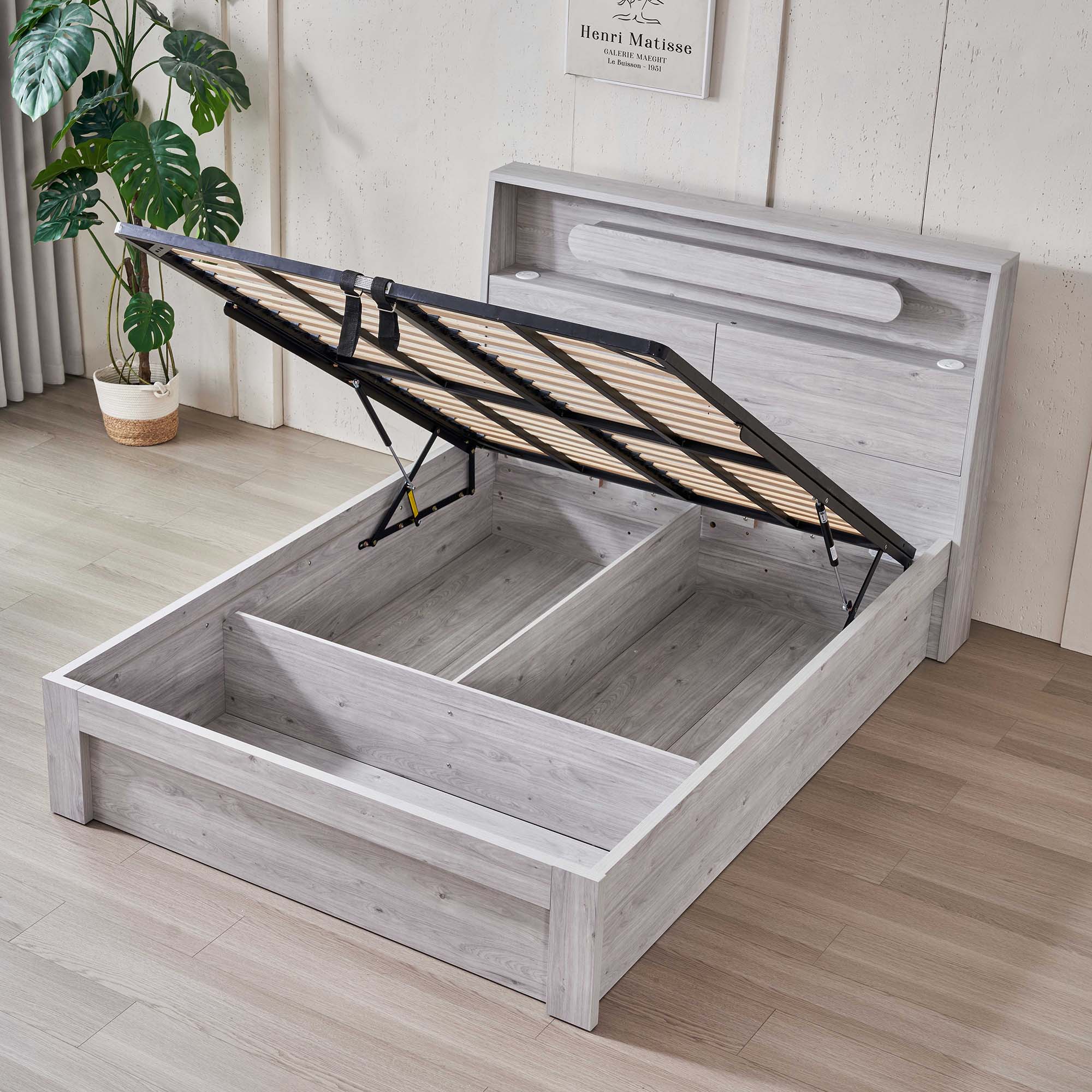 Nova Queen Bed Frame W/Gas Lift Storage, Stone Oak - Forty Winks