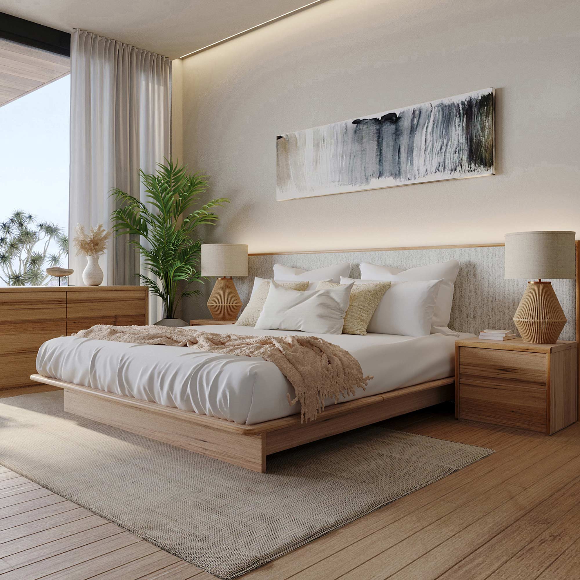 SOHO EXTENDED QB BED W/TIMBER BASE (LIGHT ASH, MONTAGUE ALABASTER ...