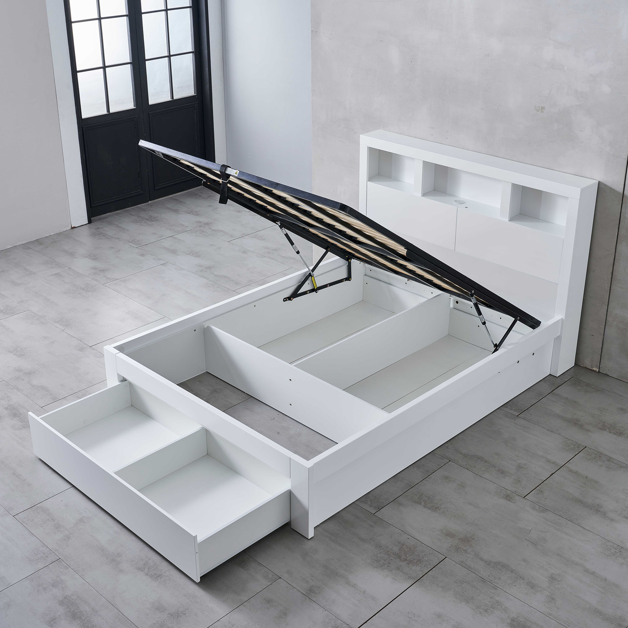 Lugano Queen Bed Frame W/ Gas Lift Storage & End Drawer, Ivory White - Forty Winks