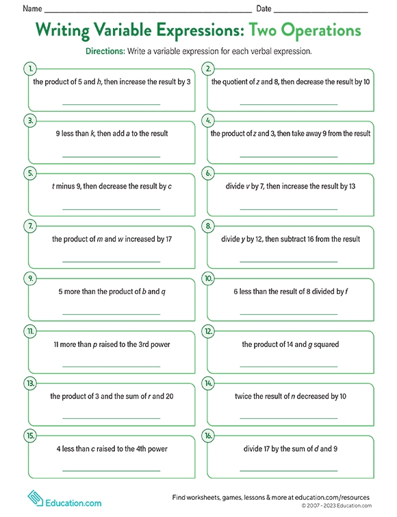 Variable Worksheets 6th Grade