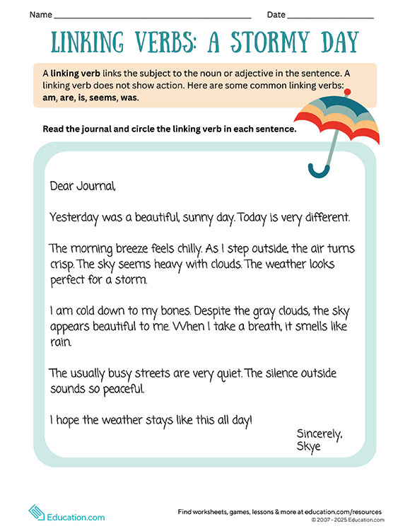 Action Verb And Linking Verb Worksheet