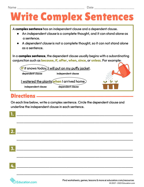 Complex Sentence Worksheet