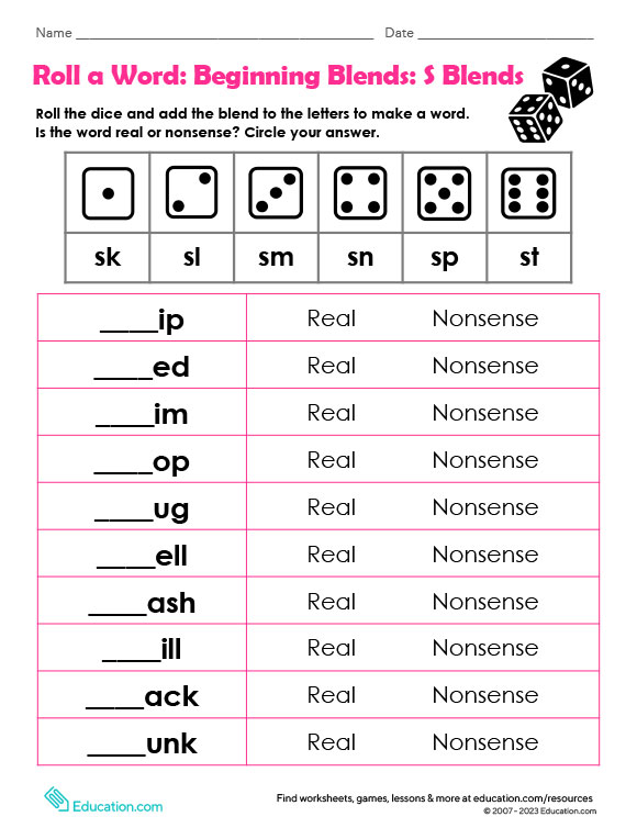 Printables - Roll a Word: Beginning Blends: S Blends | HP® België