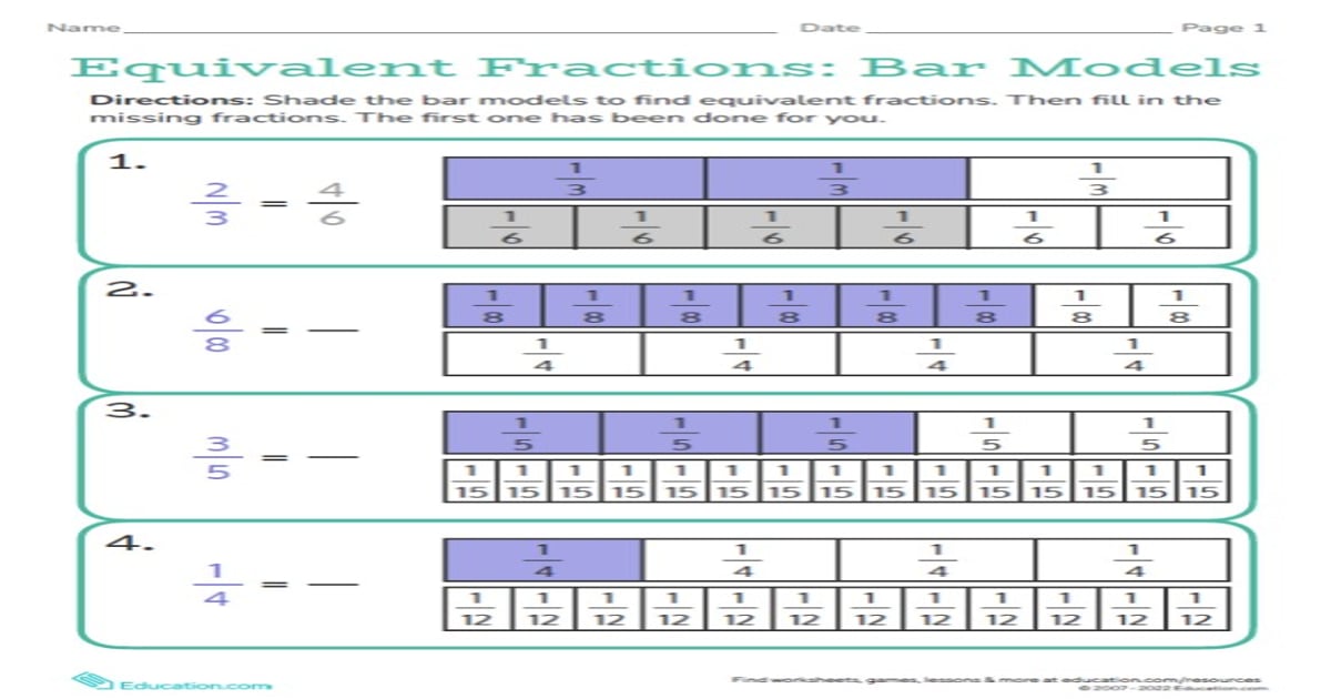 Printables Equivalent Fractions Bar Models HP Official Site Printables Equivalent Fractions Bar Models HP Official Site