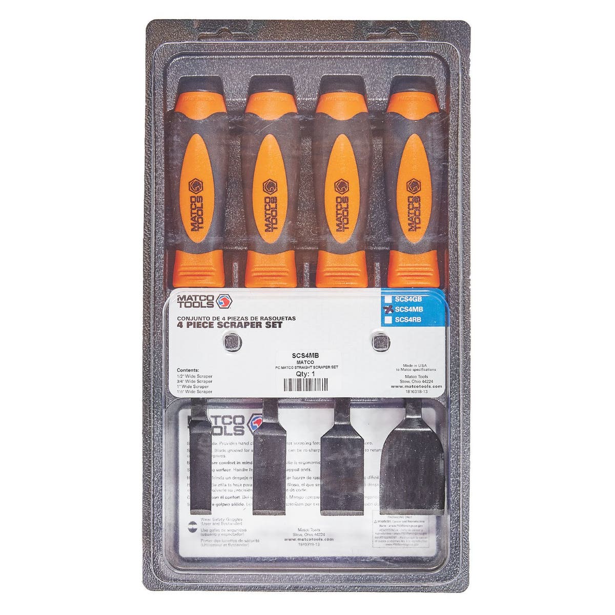 4 PIECE 10" LONG SCRAPER SET - ORANGE SCS4MB | Matco Tools