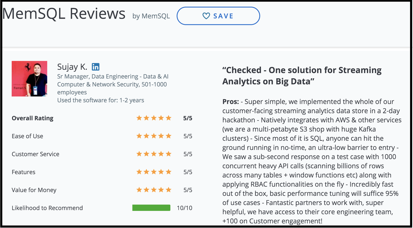Capterra Captures Positive Reviews of SingleStore