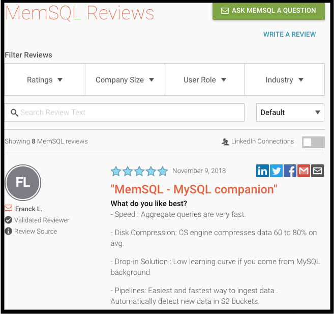 SingleStore Customers Speak Up on Reviews Site G2 Crowd