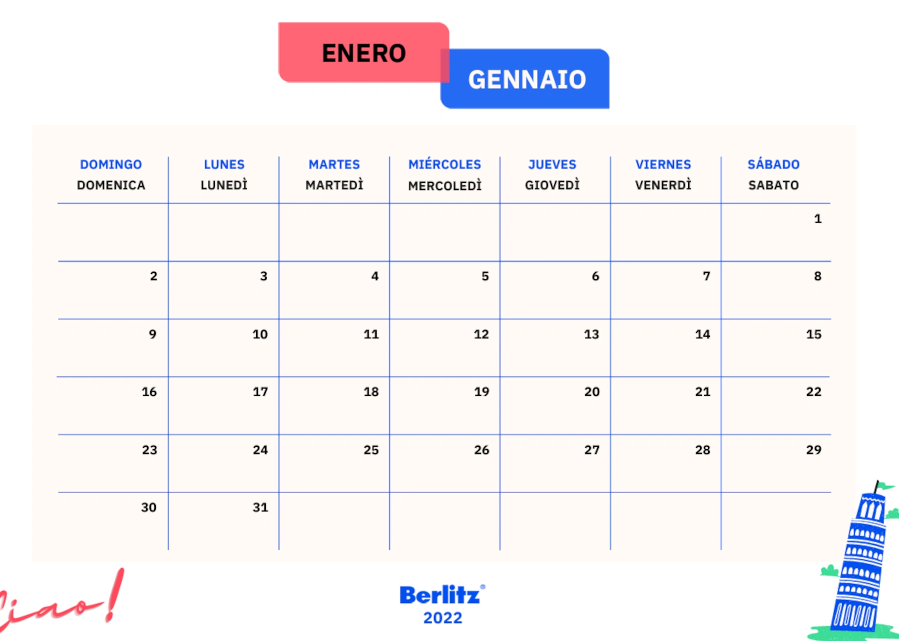 Calendario en italiano | Berlitz