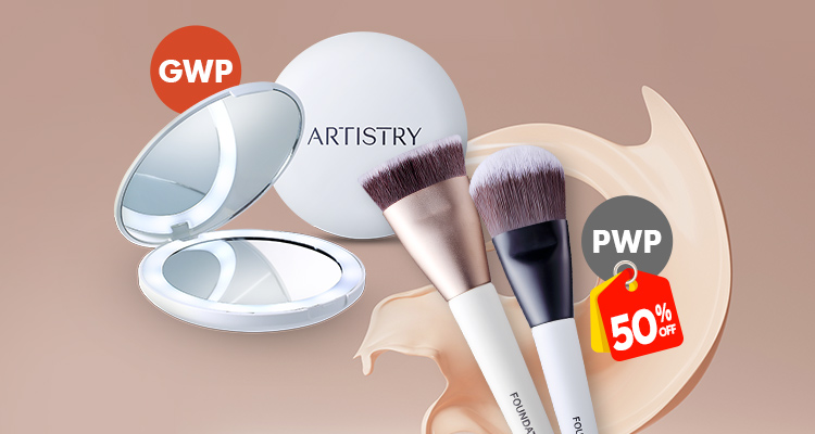 ARTISTRY Makeup GWP LED Compact Mirror & PWP New Foundation Brushes ...