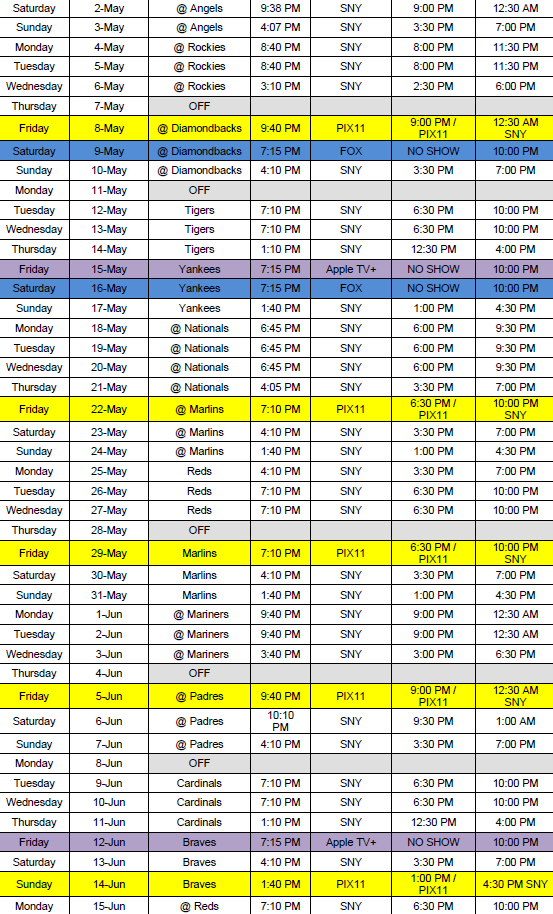 SNY announces 2026 Mets regular season schedule