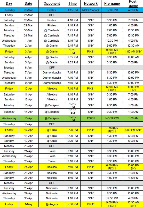 SNY announces 2026 Mets regular season schedule
