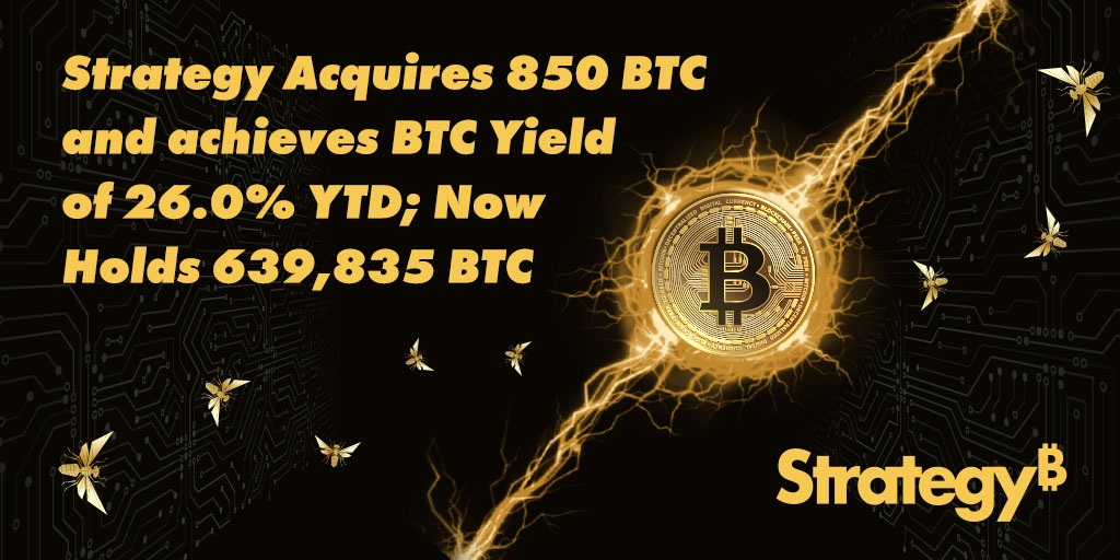 Strategy Acquires 850 BTC and Now Holds 639,835 BTC